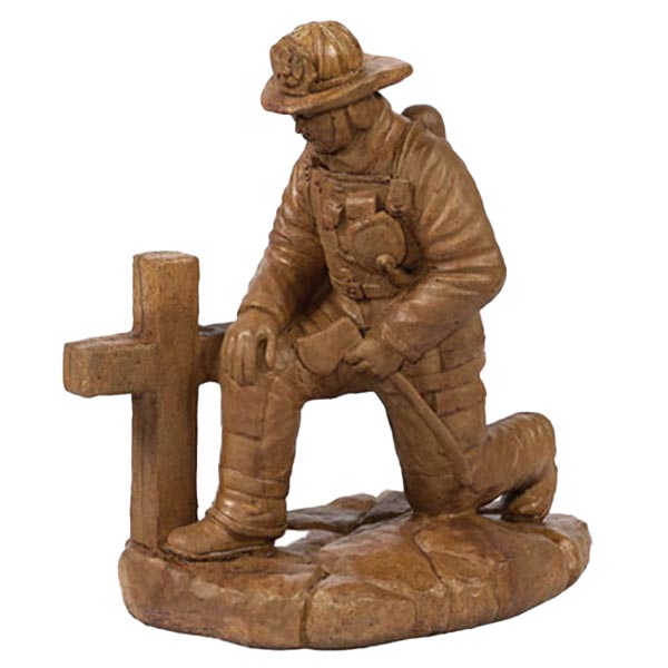 Concrete Kneeling Fireman at Cross | Solid Rock Stone Works